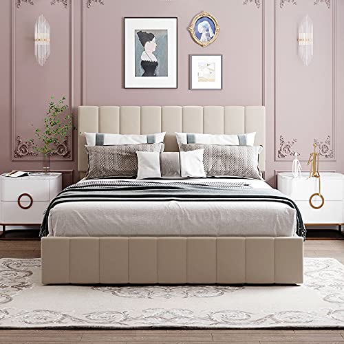 Merax Queen Size Upholstered Platform Bed with a Hydraulic Storage System, No Box Spring Needed, Beige