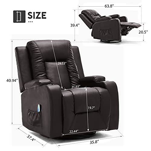 COMHOMA PU Leather Recliner Chair Modern Rocker with Heated Massage Ergonomic Lounge 360 Degree Swivel Single Sofa Seat with Drink Holders Living Room Chair (Brown)