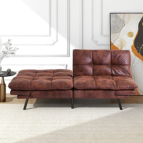 LIFERECORD Futon Sofa Bed Modern Faux Leather Convertible Sofa Memory Foam Daybed with Adjustable Armrests for Living Room Apartment Dorm, Brown