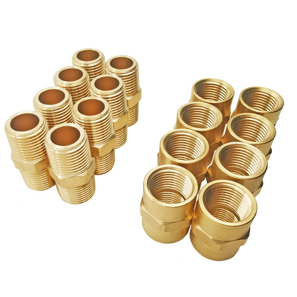 HQMPC Hex Female Coupling 3/8" Male NPT x Female Adapator 3/8" NP Female Coupling 8Pcs and Male Nipple 8Pcs