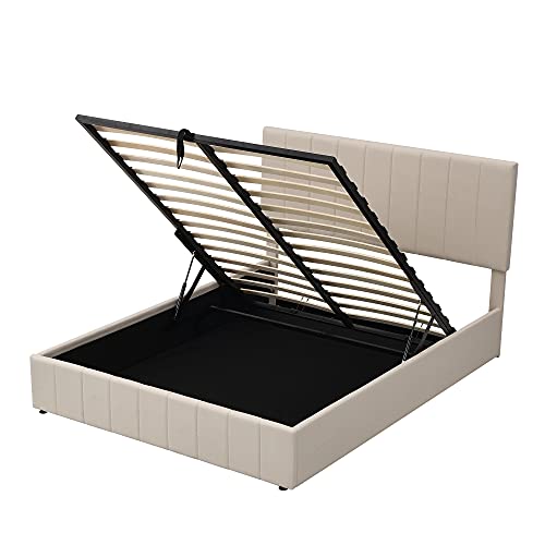 Merax Queen Size Upholstered Platform Bed with a Hydraulic Storage System, No Box Spring Needed, Beige