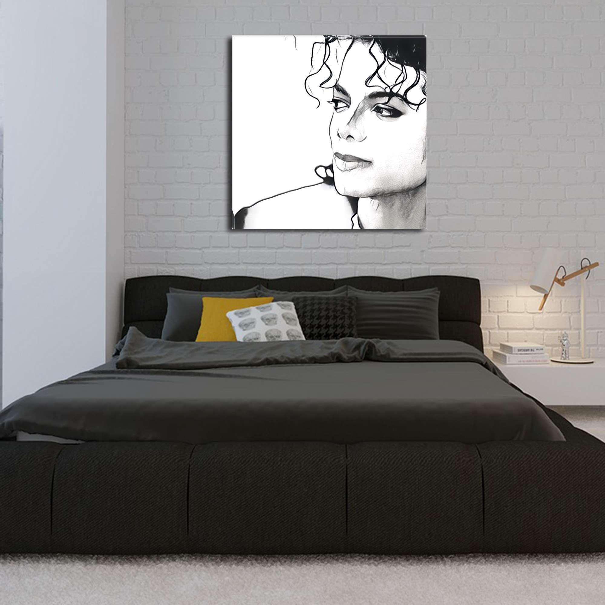 Startonight Canvas Wall Art Black and White Abstract Michael Jackson Celebrity, Artwork Modern Framed Original Art Painting, Unique Luminous Wall Art Minimalism Piece 32" x 32" Day & Night Effect
