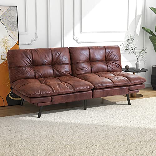 LIFERECORD Futon Sofa Bed Modern Faux Leather Convertible Sofa Memory Foam Daybed with Adjustable Armrests for Living Room Apartment Dorm, Brown