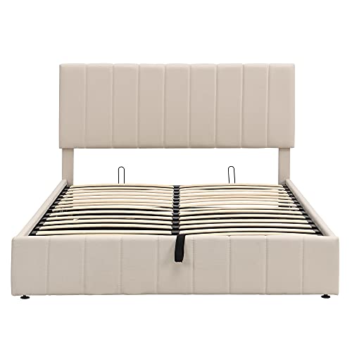Merax Queen Size Upholstered Platform Bed with a Hydraulic Storage System, No Box Spring Needed, Beige