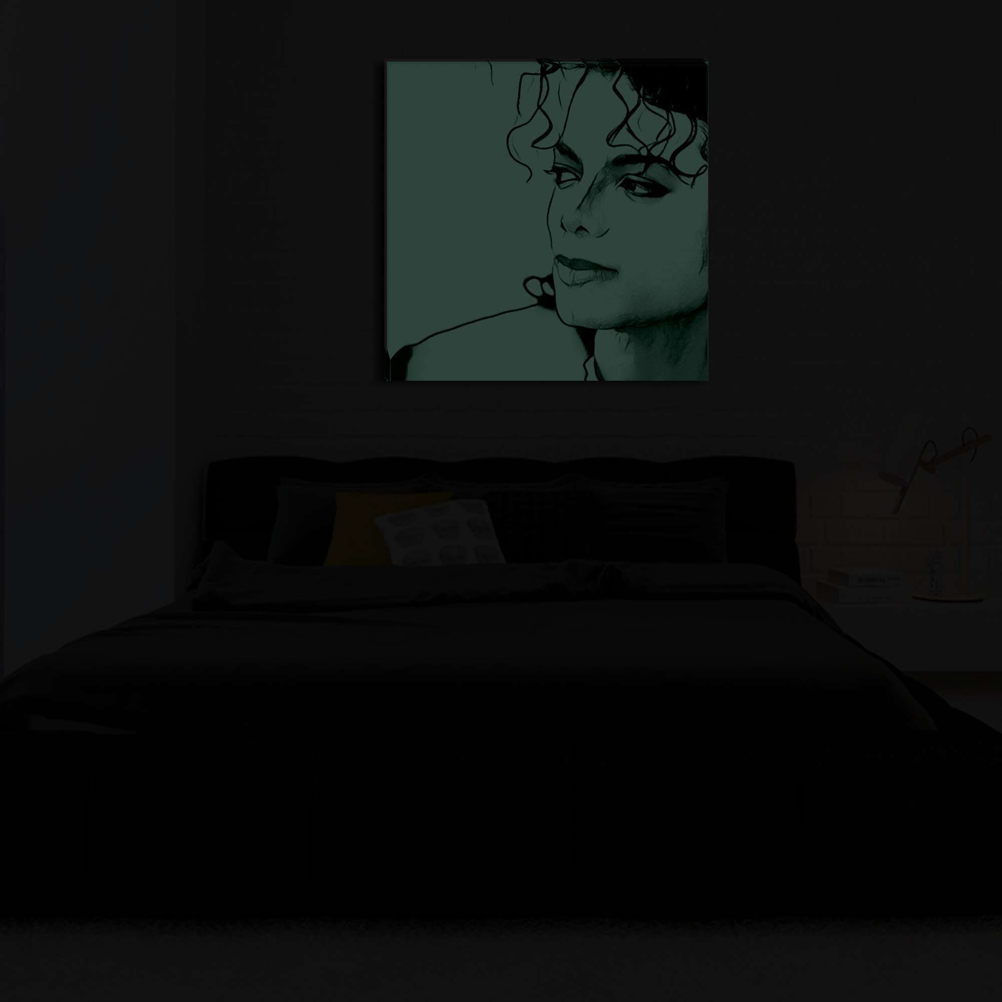 Startonight Canvas Wall Art Black and White Abstract Michael Jackson Celebrity, Artwork Modern Framed Original Art Painting, Unique Luminous Wall Art Minimalism Piece 32" x 32" Day & Night Effect