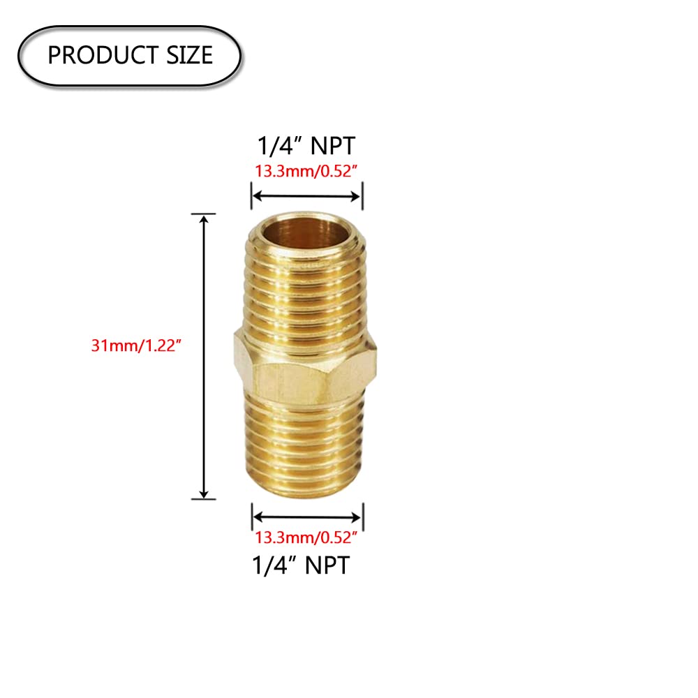HQMPC Solid Brass Pipe Fitting Male Pipe, Hex Nipple Gas Connect Adapter Brass Union Coupler Adapter Gas x Flare Fittings 1/4"NPT 12Pcs