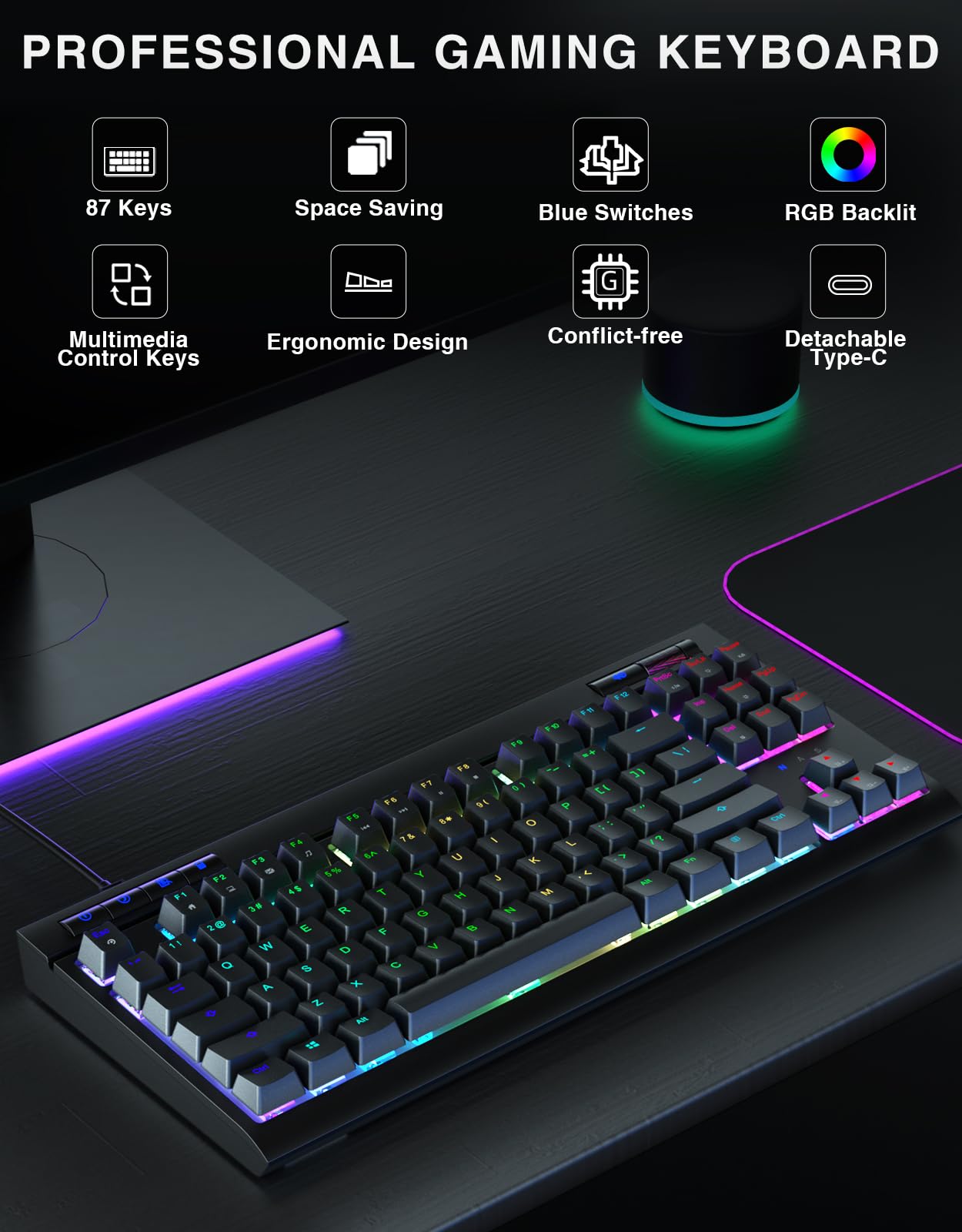 GOYIGO Mechanical Keyboard Clicky Blue Switches,75% TKL RGB Backlit Gaming Keyboard,Full Keys Anti-ghosting Programmable,USB-C Wired Computer Keyboards for PC/Mac,Black