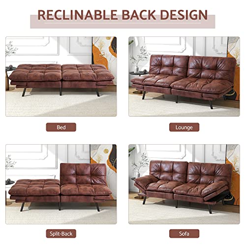 LIFERECORD Futon Sofa Bed Modern Faux Leather Convertible Sofa Memory Foam Daybed with Adjustable Armrests for Living Room Apartment Dorm, Brown