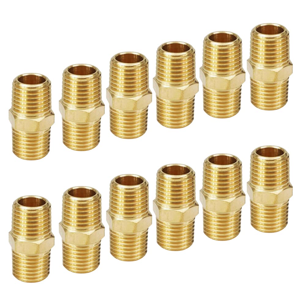 HQMPC Solid Brass Pipe Fitting Male Pipe, Hex Nipple Gas Connect Adapter Brass Union Coupler Adapter Gas x Flare Fittings 1/4"NPT 12Pcs