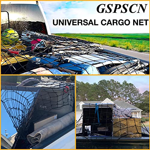 GSPSCN Cargo Net 4' x 6' for Truck Pickup Bed, Trailer ,Boat ,RV SUV Stretches to 11'x17' Max Roof Rack Net ,Small 4βx4β Mesh Heavy Duty Bungee Cord Net Compatible with Dodge Ram,Chevy Ford,Toyota
