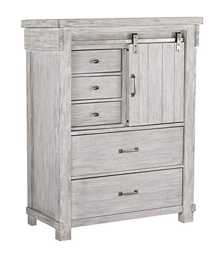 Signature Design by Ashley Brashland Farmhouse 5 Drawer Chest with Dovetail Construction & Sliding Barn Door Revealing Adjustable Shelf, Textured White