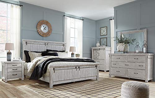 Signature Design by Ashley Brashland Farmhouse 5 Drawer Chest with Dovetail Construction & Sliding Barn Door Revealing Adjustable Shelf, Textured White