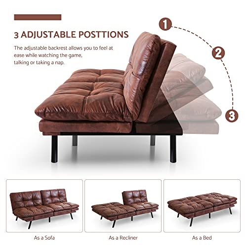 LIFERECORD Futon Sofa Bed Modern Faux Leather Convertible Sofa Memory Foam Daybed with Adjustable Armrests for Living Room Apartment Dorm, Brown