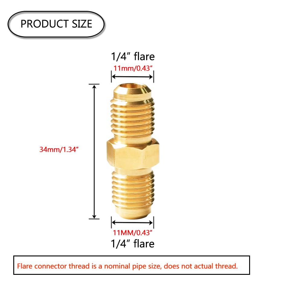 HQMPC Brass Flare Connector Gas Adapter Union Brass Flare Fitting Gas Connector Gas Fititng 1/4" FlareX1/4" Flare 12Pcs