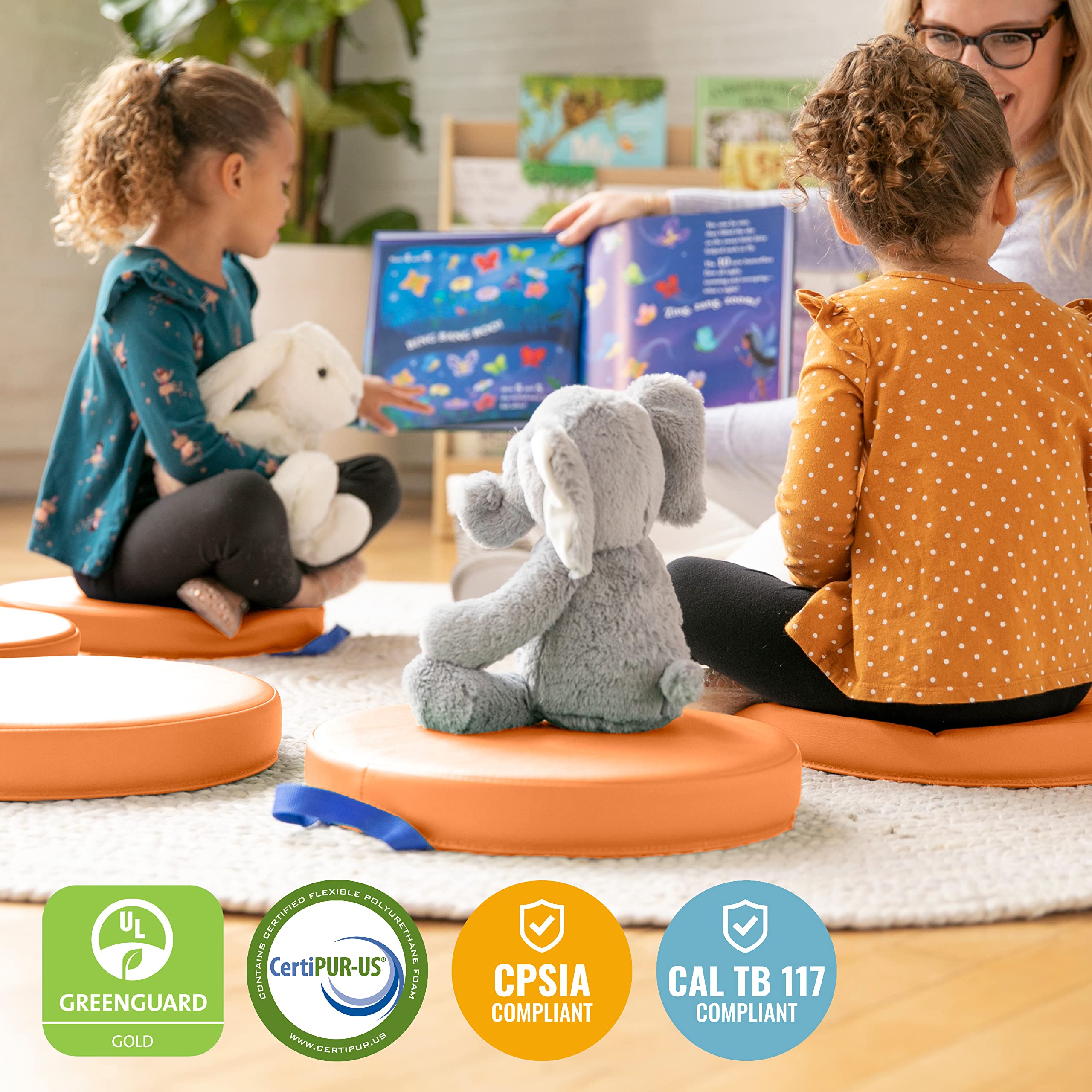 ECR4Kids SoftZone Floor Cushions with Handles, 2" Deluxe Foam, Round, Orange, (6-Pack)