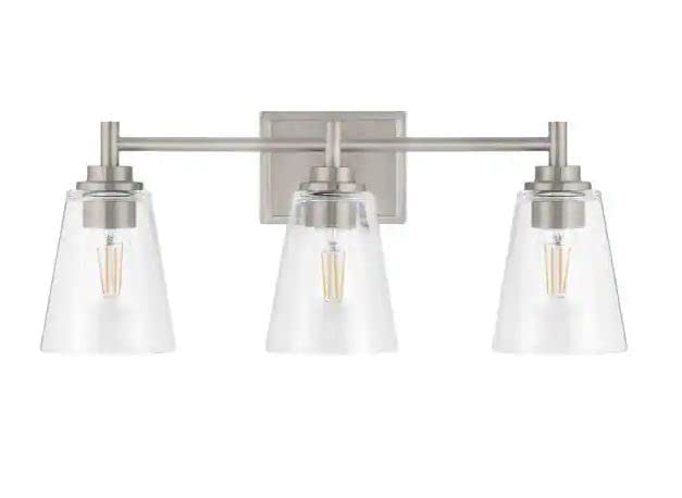 Hampton Bay 22.5 in. Wakefield 3-Light Brushed Nickel Modern Bathroom Vanity Light with Clear Glass Shades