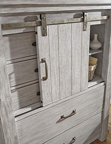 Signature Design by Ashley Brashland Farmhouse 5 Drawer Chest with Dovetail Construction & Sliding Barn Door Revealing Adjustable Shelf, Textured White