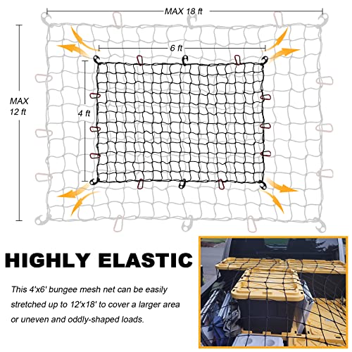 GSPSCN Cargo Net 4' x 6' for Truck Pickup Bed, Trailer ,Boat ,RV SUV Stretches to 11'x17' Max Roof Rack Net ,Small 4βx4β Mesh Heavy Duty Bungee Cord Net Compatible with Dodge Ram,Chevy Ford,Toyota