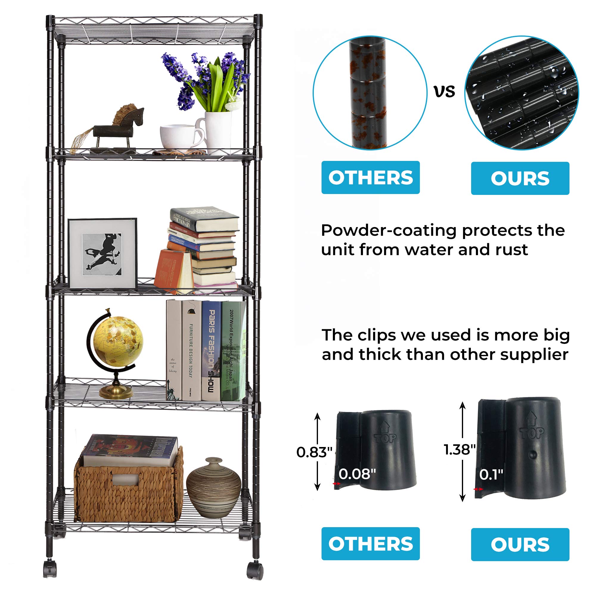 JS HANGER Wire Shelving Unit, 5-Tier Heavy Duty Height Adjustable Rolling Metal Shelves for Storage, 550 lbs Capacity, 23.23''W X 13.4''D X 71''H, Black