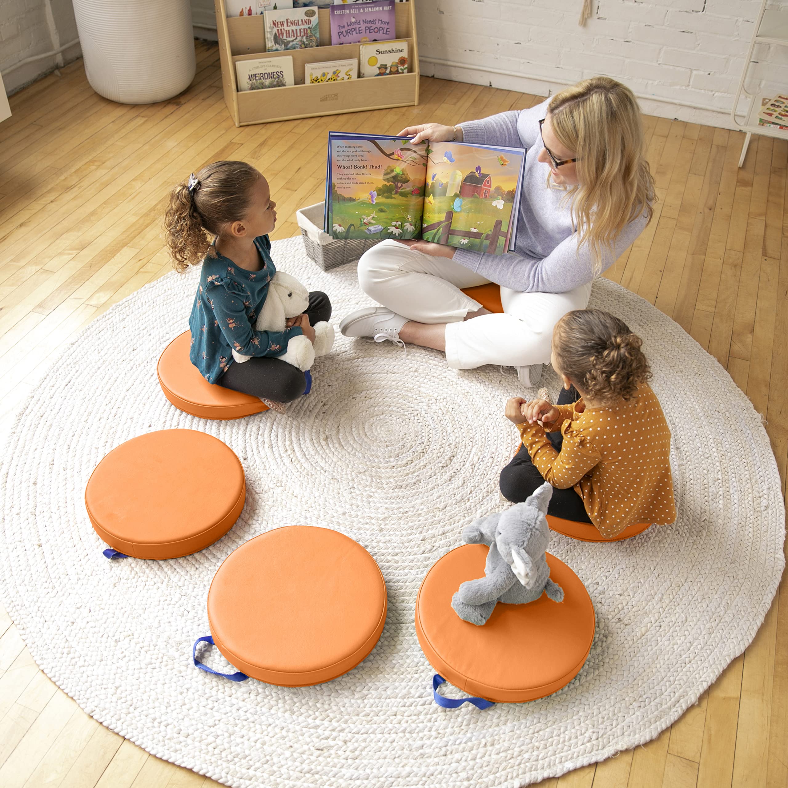 ECR4Kids SoftZone Floor Cushions with Handles, 2" Deluxe Foam, Round, Orange, (6-Pack)
