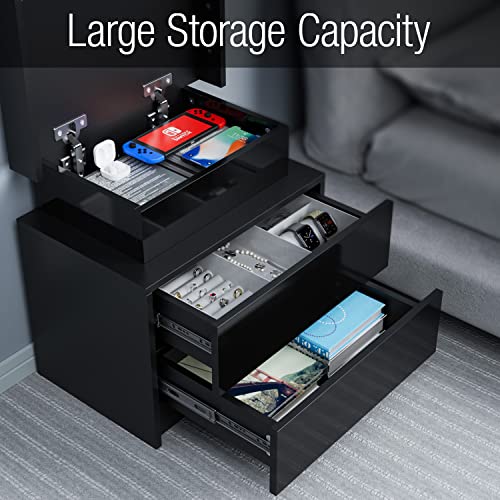 Semounva LED Nightstand with 2 Drawers, Black Modern Nightstands with Led Lights, Cool Light Up Flip Top Bedside Table Night Stand for Bedroom Furniture