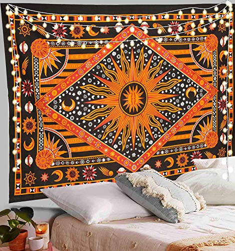 ANJANIYA Burning Sun Tie Dye Tapestry, Celestial Sun Moon Star Planet Bohemian Poster Tapestry Tarot Wall Hanging Boho Hippie Hippy Beach Coverlet Curtain (Orange, 30"X40")