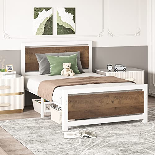 4 EVER WINNER Twin Bed Frames Wood with Headboard, Twin Size Platform Metal Bed Frame, Heavy Duty Steel Slat Twin Metal Bed Frames, No Box Spring Needed, Mattress Foundation, Anti-Slip, Easy Assembly