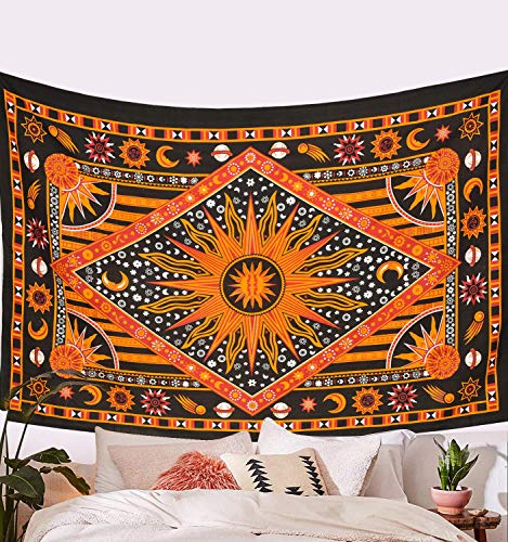 ANJANIYA Burning Sun Tie Dye Tapestry, Celestial Sun Moon Star Planet Bohemian Poster Tapestry Tarot Wall Hanging Boho Hippie Hippy Beach Coverlet Curtain (Orange, 30"X40")