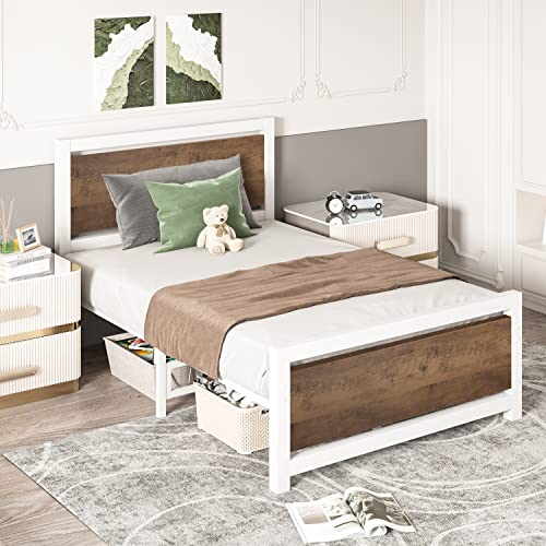 4 EVER WINNER Twin Bed Frames Wood with Headboard, Twin Size Platform Metal Bed Frame, Heavy Duty Steel Slat Twin Metal Bed Frames, No Box Spring Needed, Mattress Foundation, Anti-Slip, Easy Assembly