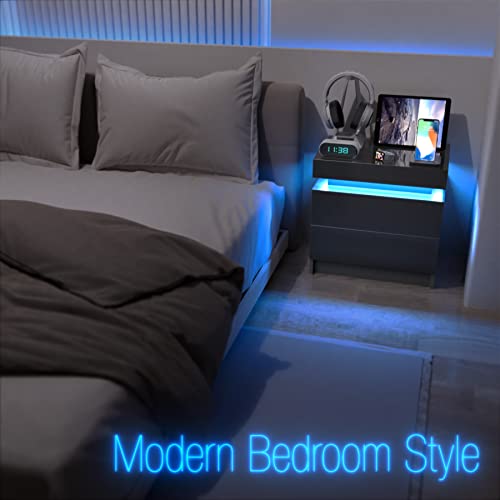 Semounva LED Nightstand with 2 Drawers, Black Modern Nightstands with Led Lights, Cool Light Up Flip Top Bedside Table Night Stand for Bedroom Furniture
