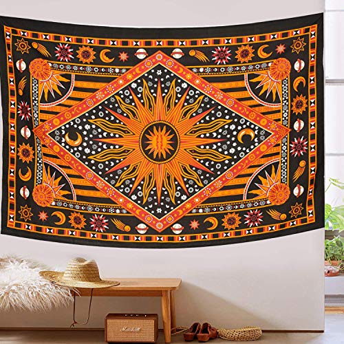 ANJANIYA Burning Sun Tie Dye Tapestry, Celestial Sun Moon Star Planet Bohemian Poster Tapestry Tarot Wall Hanging Boho Hippie Hippy Beach Coverlet Curtain (Orange, 30"X40")