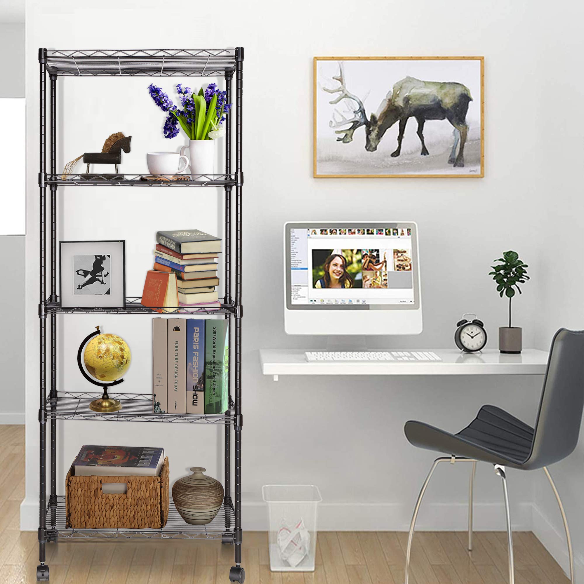 JS HANGER Wire Shelving Unit, 5-Tier Heavy Duty Height Adjustable Rolling Metal Shelves for Storage, 550 lbs Capacity, 23.23''W X 13.4''D X 71''H, Black