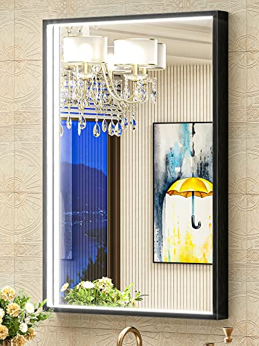 TokeShimi 24 x 36 Inch Black Led Bathroom Vanity Mirror with Lights with Non-Rusting Aluminum Alloy Metal Frame 3 Colors Side Lights Anti-Fog Memory Funtion Stepless Dimmable for Bathroom Decor