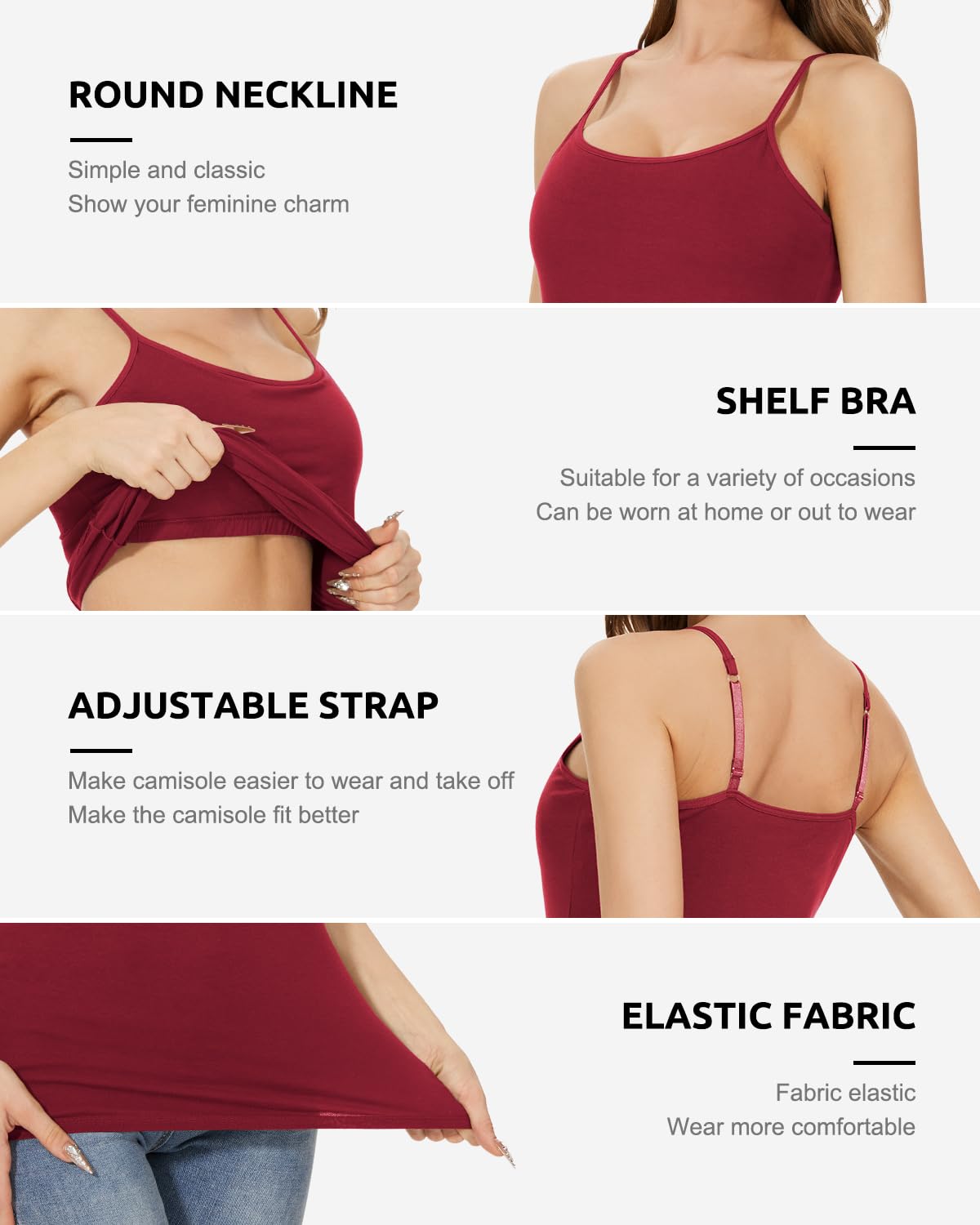 Accbiety 3-Pack Womens Camisole with Shelf Bra Adjustable Spaghetti Strap Cami Cotton Undershirt Tanks Black Navy Wine Red XL