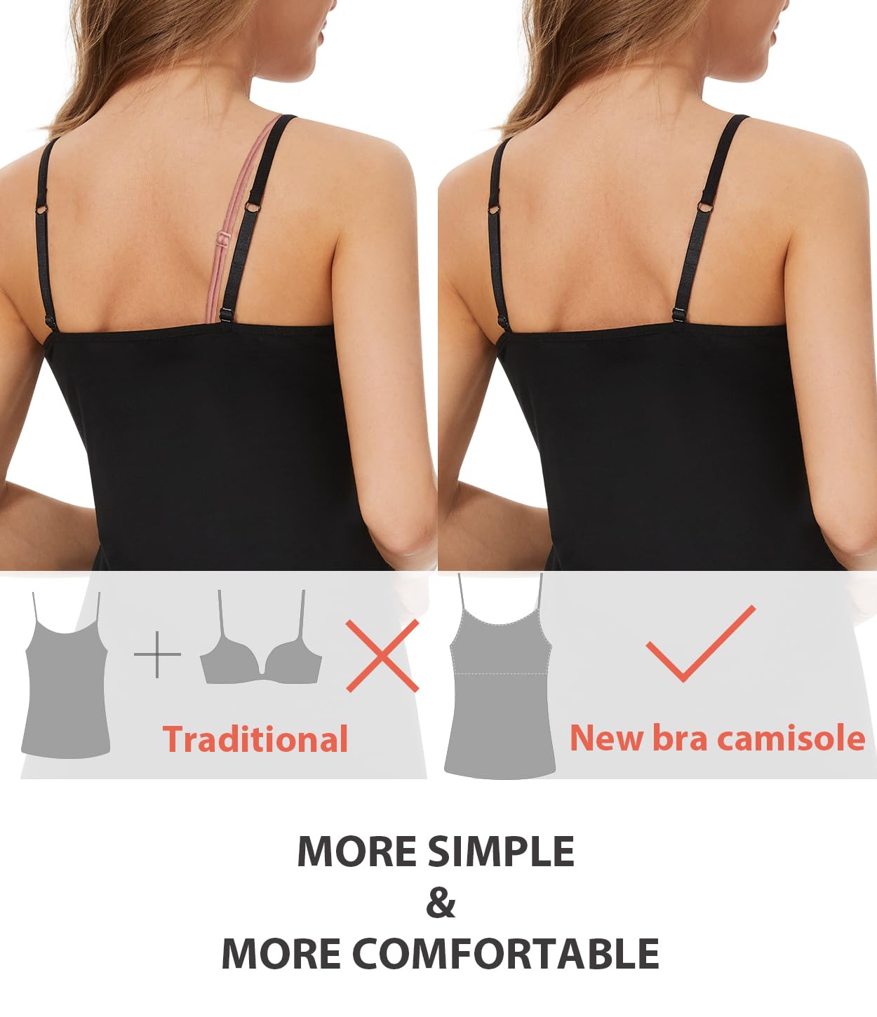 Accbiety 3-Pack Womens Camisole with Shelf Bra Adjustable Spaghetti Strap Cami Cotton Undershirt Tanks Black Navy Wine Red XL
