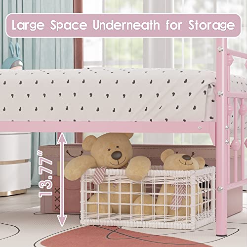 Weehom Pink Metal Bed Frame Twin Size with Headboard Mattress Foundation Support Heavy Duty Steel Slat No Box Spring Need for Girls