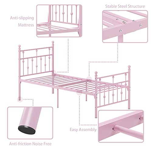 Weehom Pink Metal Bed Frame Twin Size with Headboard Mattress Foundation Support Heavy Duty Steel Slat No Box Spring Need for Girls