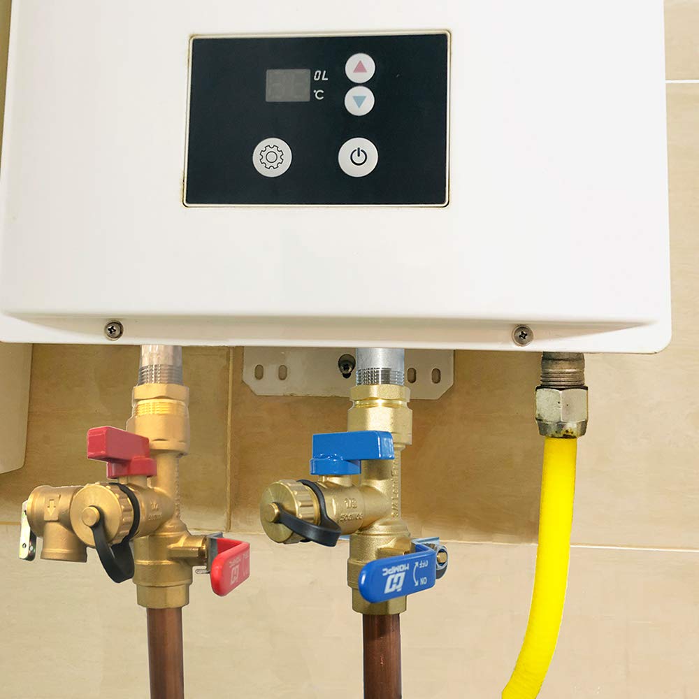 HQMPC Tankless Water Heater Isolation Valves Tankless Water Heater Flush Kit Tankless Valve Kit 3/4" NPT, Including 1 Valve For Hot water,1 Valve For Cold Water, 1 Pressure Relief Valve