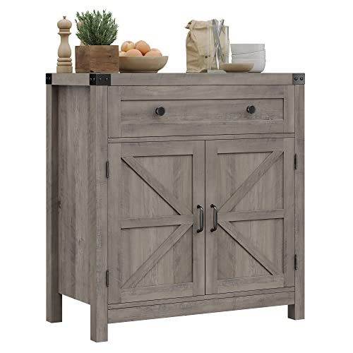 HOSTACK Coffee Bar Cabinet, Modern Farmhouse Buffet Sideboard with Drawer and Adjustable Shelf, Barn Door Storage Cabinet for Kitchen, Dining Room, Bathroom, Entryway, Ash Grey