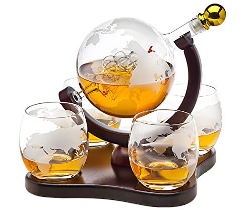 Whiskey Decanter Globe Set with 4 Etched Globe Whisky Glasses for Liquor, Scotch, Bourbon, Vodka, Gifts for Men - 850ml