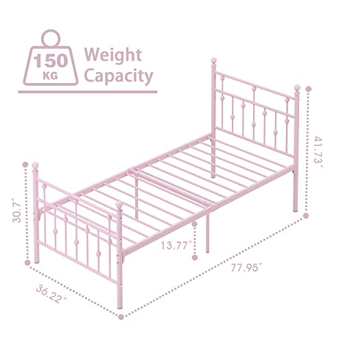 Weehom Pink Metal Bed Frame Twin Size with Headboard Mattress Foundation Support Heavy Duty Steel Slat No Box Spring Need for Girls