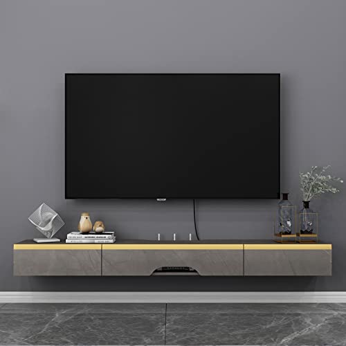 Pmnianhua Floating TV Shelf, 59'' Wall Mounted Wood Floating TV Console Entertainment Media Shelf TV Wall Unit with 2 Drawers and 1 Large Door (59.05 in, Dark Gray)