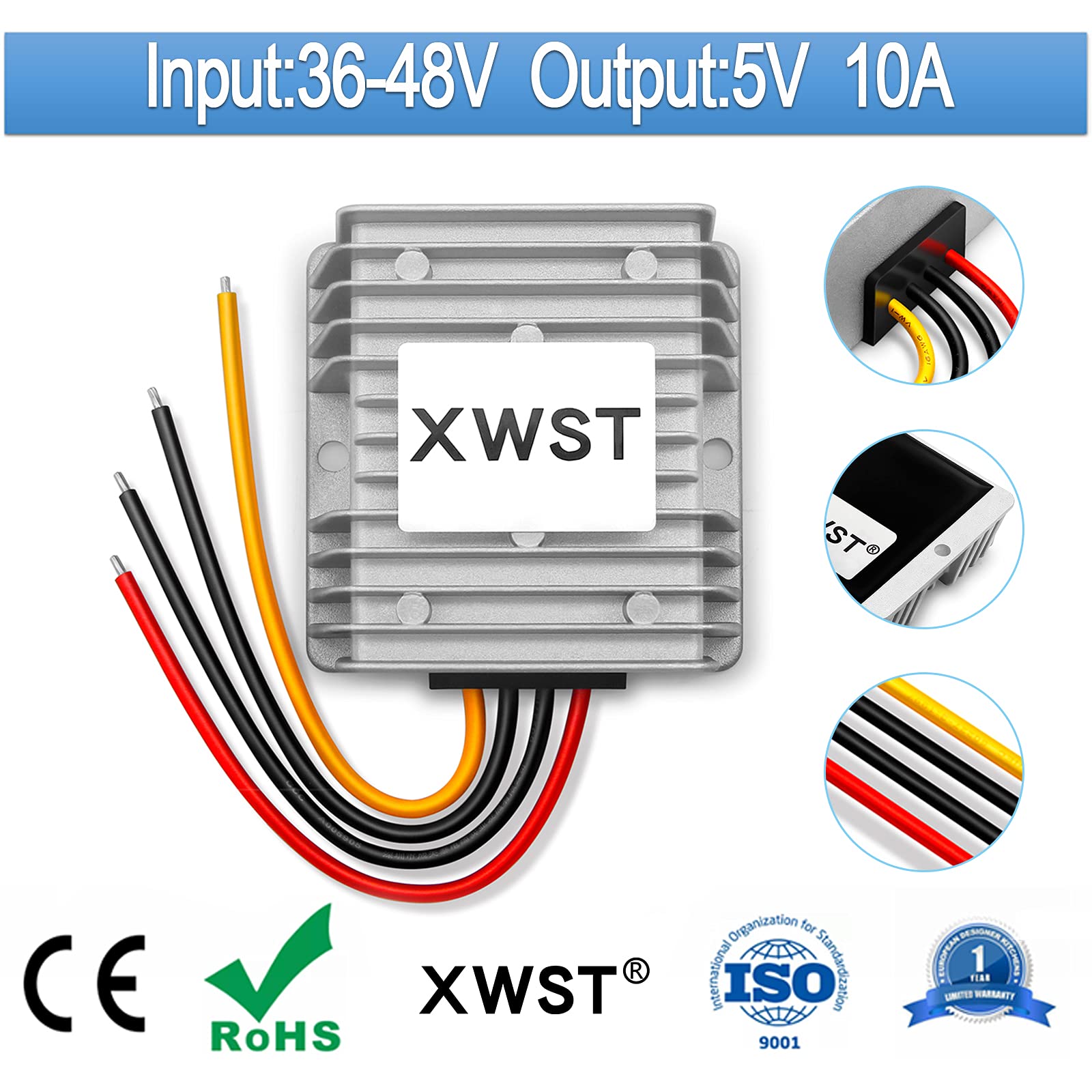DC 48V 36V to DC 5V Step Down Voltage 5Volts Reducer Regulator Output 10A 50W Buck Converter Power Converter Module for Auto Car Truck Vehicle Boat Solar System (36V 48V-5V-10A)