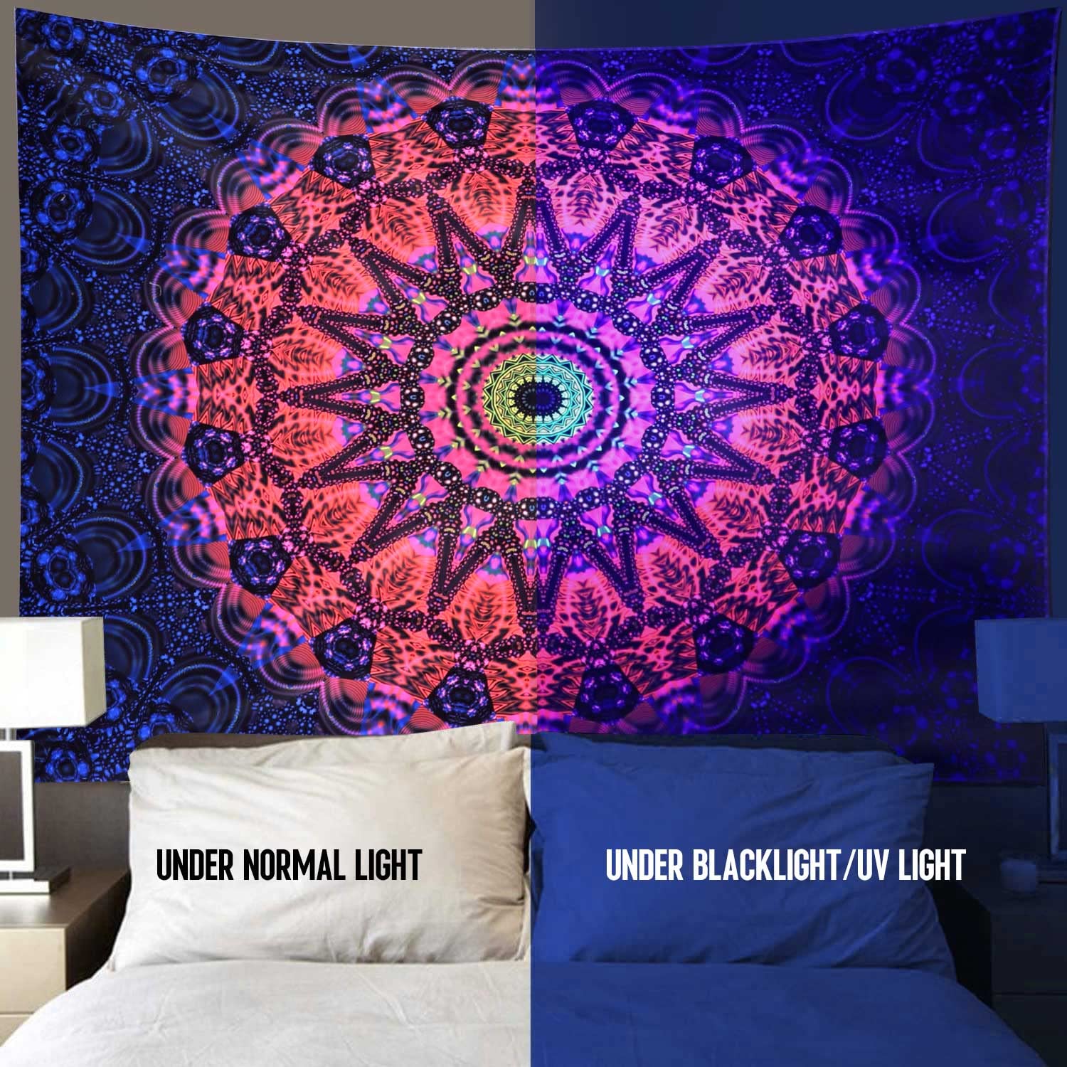 ADDWel Blacklight Mandala Boho Tapestry Glow In The Dark, Black Light Bohemian Hippie Poster Wall Hanging for Bedroom Aesthetic Wall and Room Decor (30" x 40", Mandala)