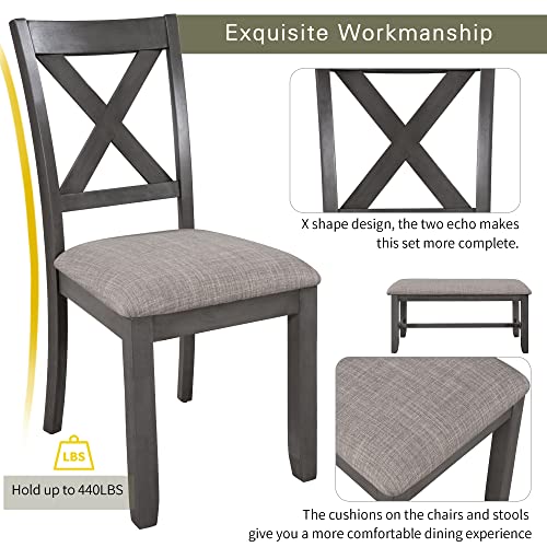 XD Designs 6-Piece Dining Room Table Set, Rustic Farmhouse Dining Room Foldable Table with 4 Upholstered Chairs & Bench, Solid Wood Kitchen Dining Room Set for 4-6 Persons (Gray 60in)