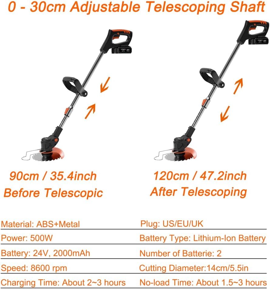 Cordless String Trimmer Weed Wacker Battery Powered 3 in 1Electric Weed Wacker with 2 Battery, Charger, 10 Plastic Blades, 4 Stainless Steel Blades, 2 Round Metal Saw Blades, and Wheels, 3.9lb