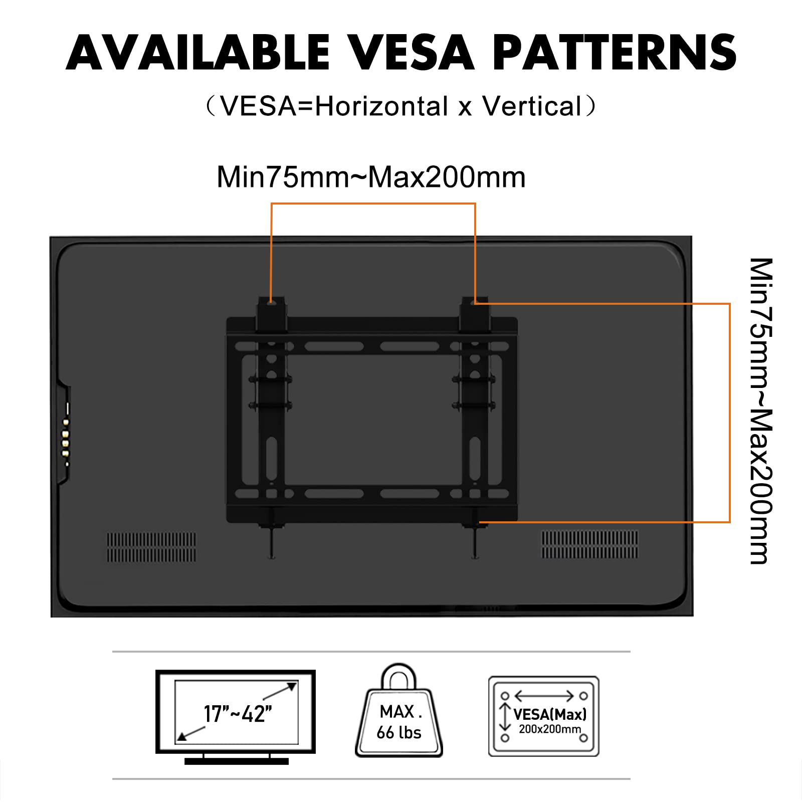 EYAO Low Profile Tilting TV Wall Mount Bracket for Most 17-42inch Flat Curved TVs, Small Televisions and Monitors up to 66lbs, Ultra Slim, Max VESA 200x200mm, Fits 8inch Studs