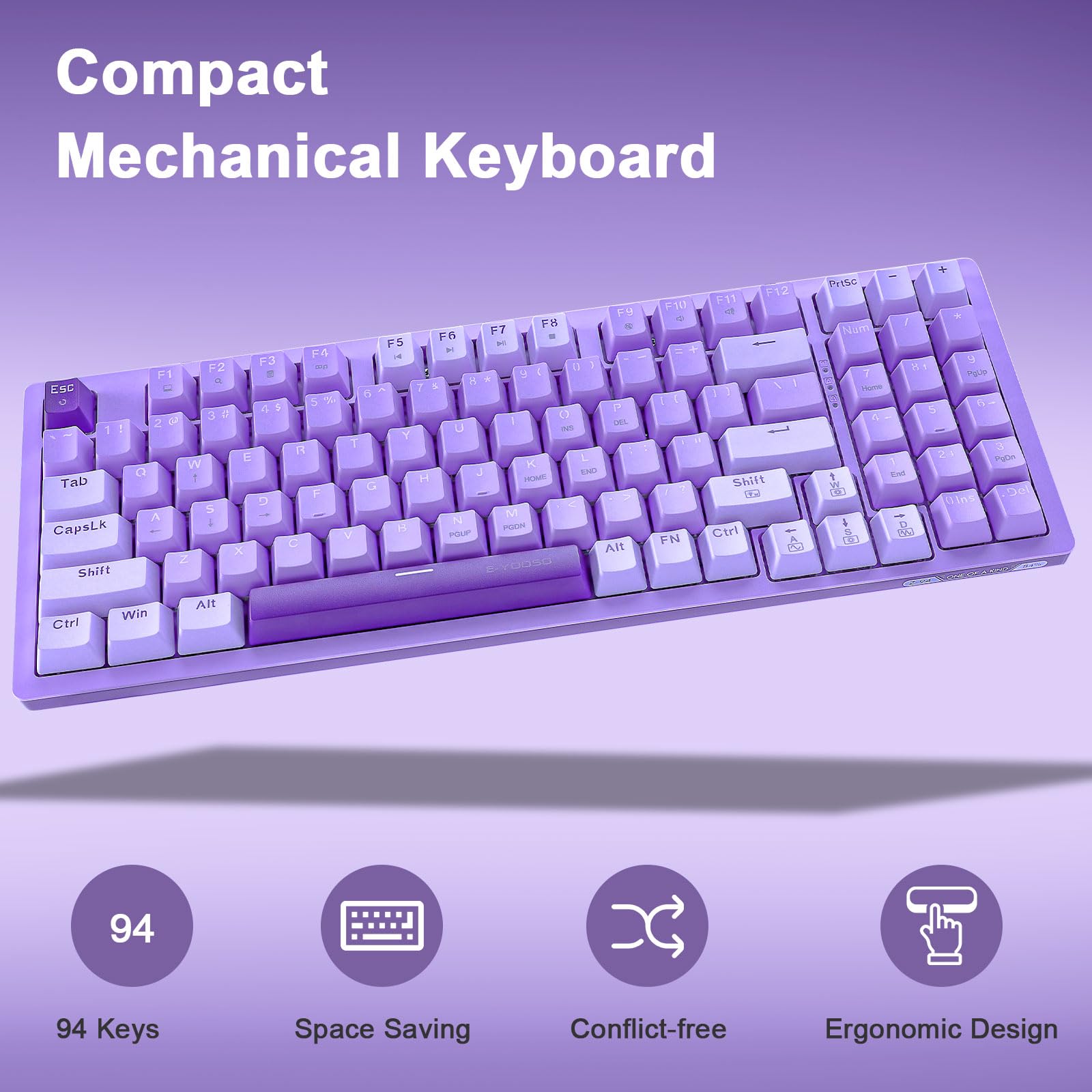 HUO JI Mechanical Gaming Keyboard USB Wired Compact with Number Pad, Purple Led Backlit, Red Switch, Detachable Type C Cable, 94 Keys for PC/Computer/Laptop, Purple and White