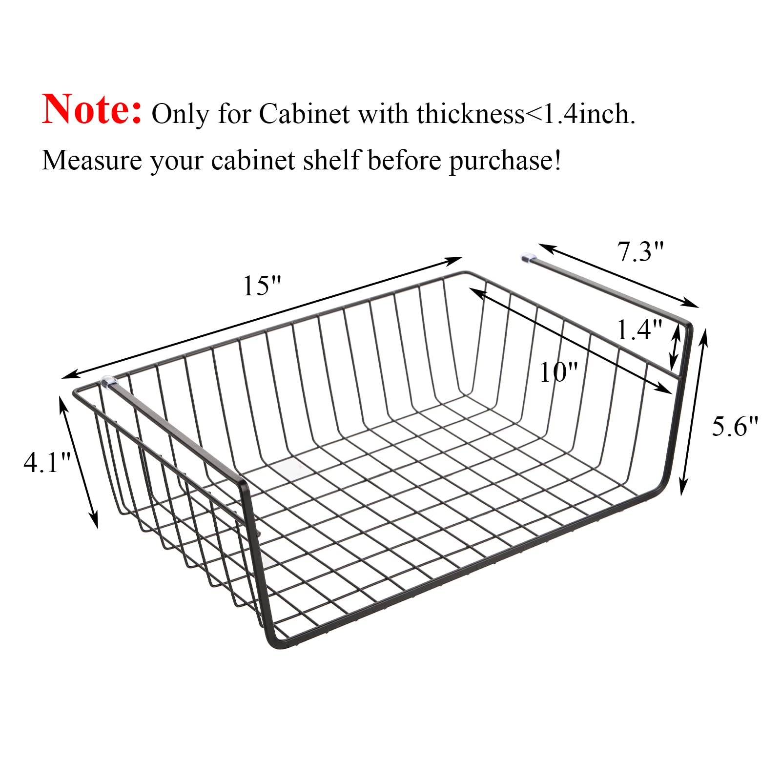 Tebery 4 Pack Black Under Shelf Wire Basket, Hanging Storage Baskets Under Cabinet Add-on Storage Racks, Slide-in Baskets Organizer for Kitchen Pantry Desk Bookshelf