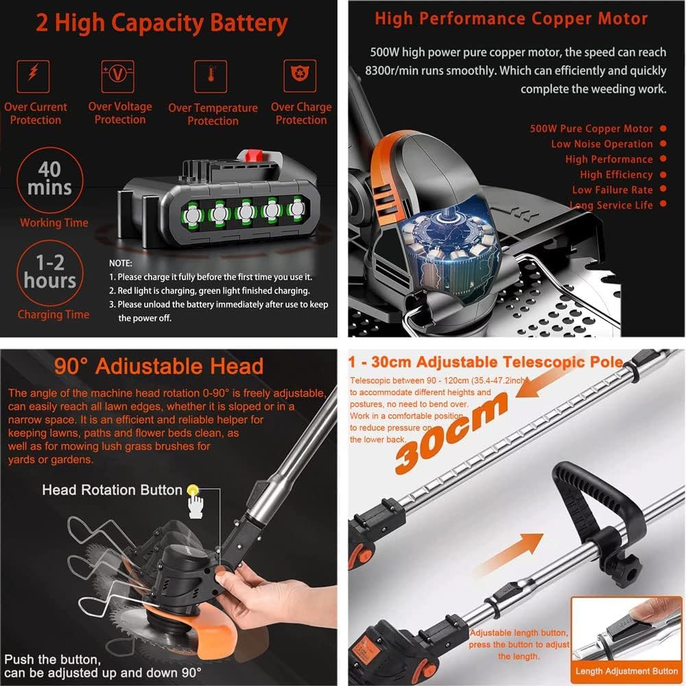 Cordless String Trimmer Weed Wacker Battery Powered 3 in 1Electric Weed Wacker with 2 Battery, Charger, 10 Plastic Blades, 4 Stainless Steel Blades, 2 Round Metal Saw Blades, and Wheels, 3.9lb